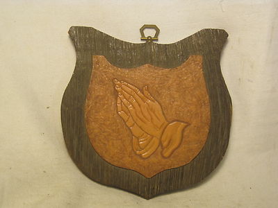 Vintage praying hands wood and tooled leather decor plaque pray prayer ...