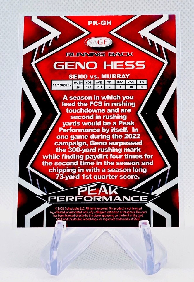 2024 SAGE Low Series Geno Hess Peak Performance Insert #PK-GH - SEMO | eBay