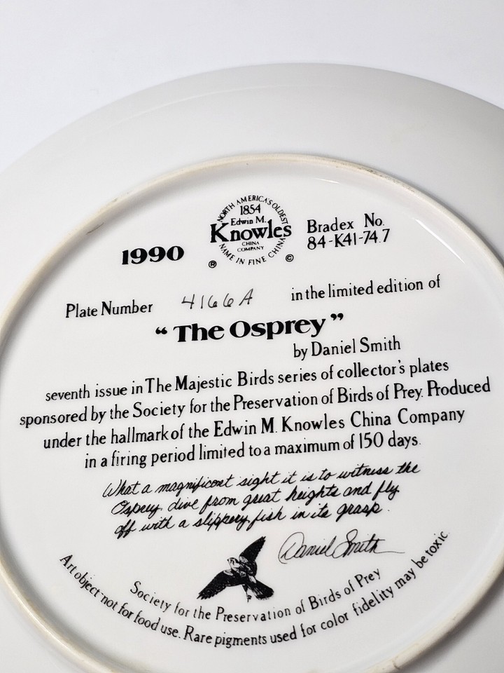 Collector Plate" The Osprey" Birds Of Prey Series By Edwin Knowles~1990 ...