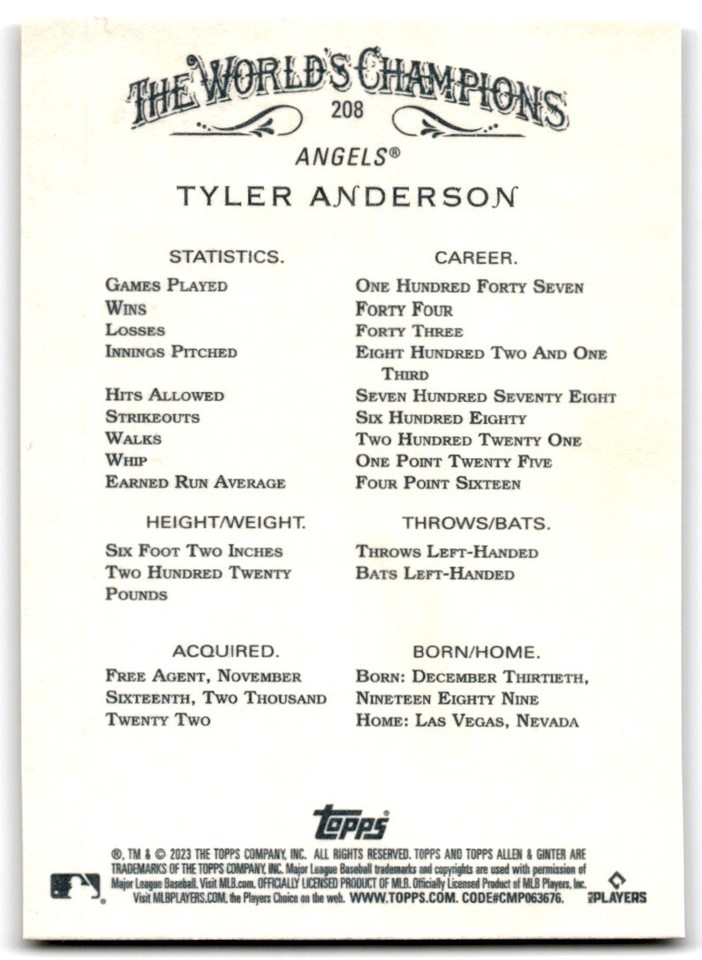 2023 Topps Allen & Ginter Tyler Anderson Los Angeles Angels #208 | eBay