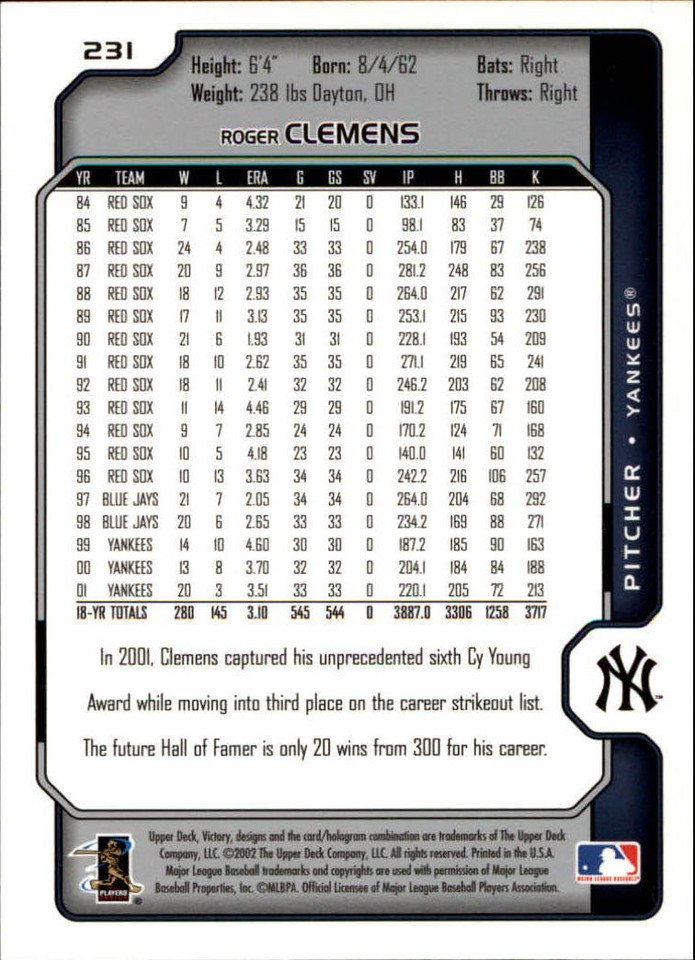 2002 (YANKEES) Upper Deck Victory #231 Roger Clemens | eBay
