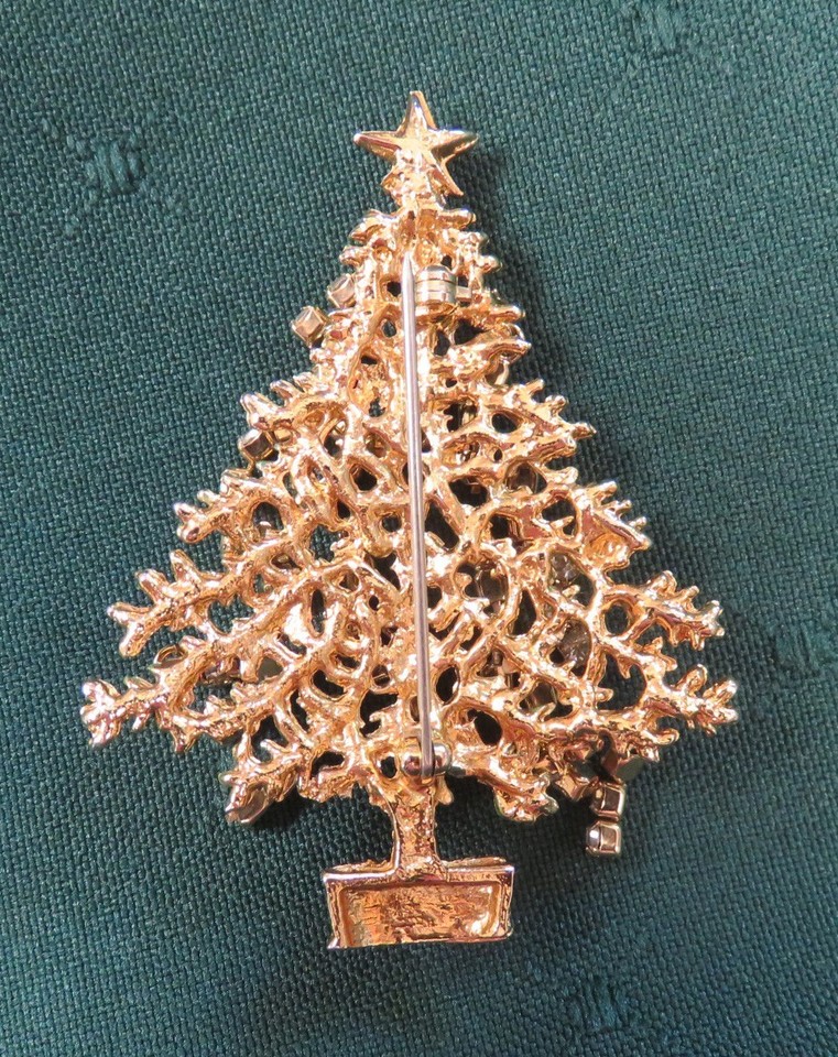Goldtone Christmas Tree Pin with Green Enameling & Dangling Rhinestone ...