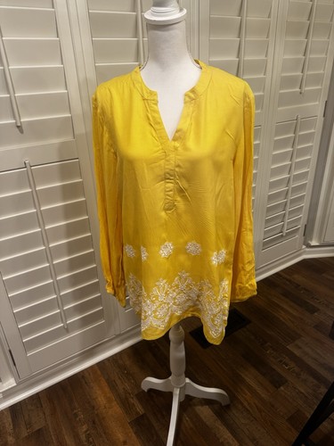 Studio West Apparel Top Womens L Yellow Gauzy Embroidered Peasant ...