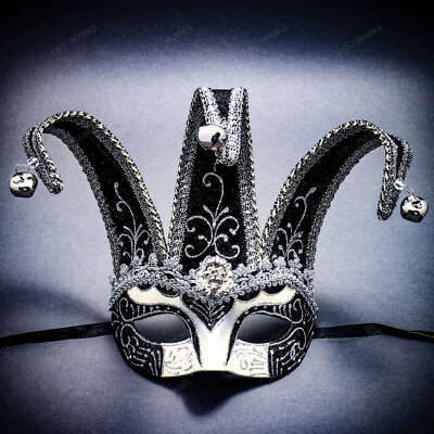 Jester Joker Glitter Venetian Half Face Mask with Bells - Silver Black ...