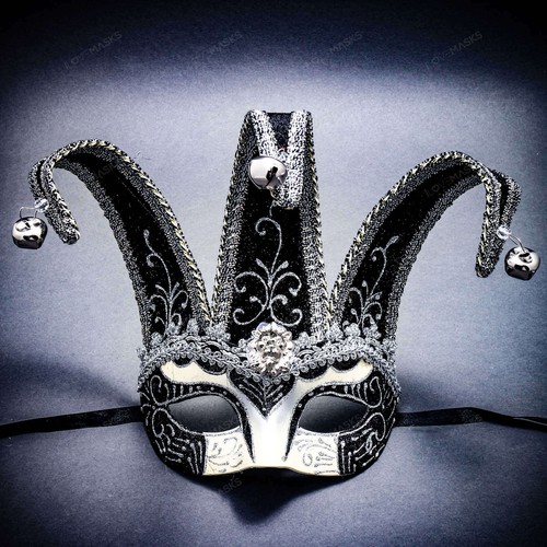 Jester Joker Glitter Venetian Half Face Mask with Bells - Silver Black ...
