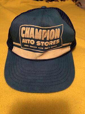 Vintage Champion Auto Stores Blue Mesh Trucker SnapBack Hat Cap Oil ...