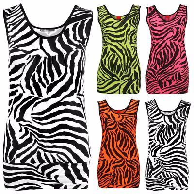 WOMEN LADIES ANIMAL ZEBRA PRINT VEST TOP CASUAL SLEEVELESS STRETCH TOP ...