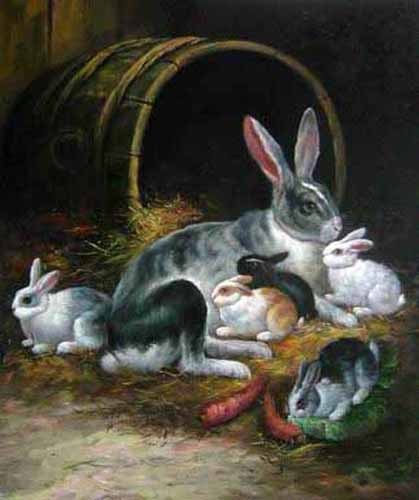 Nice Oil painting animals happy rabbits family mother with Bunny eating ...