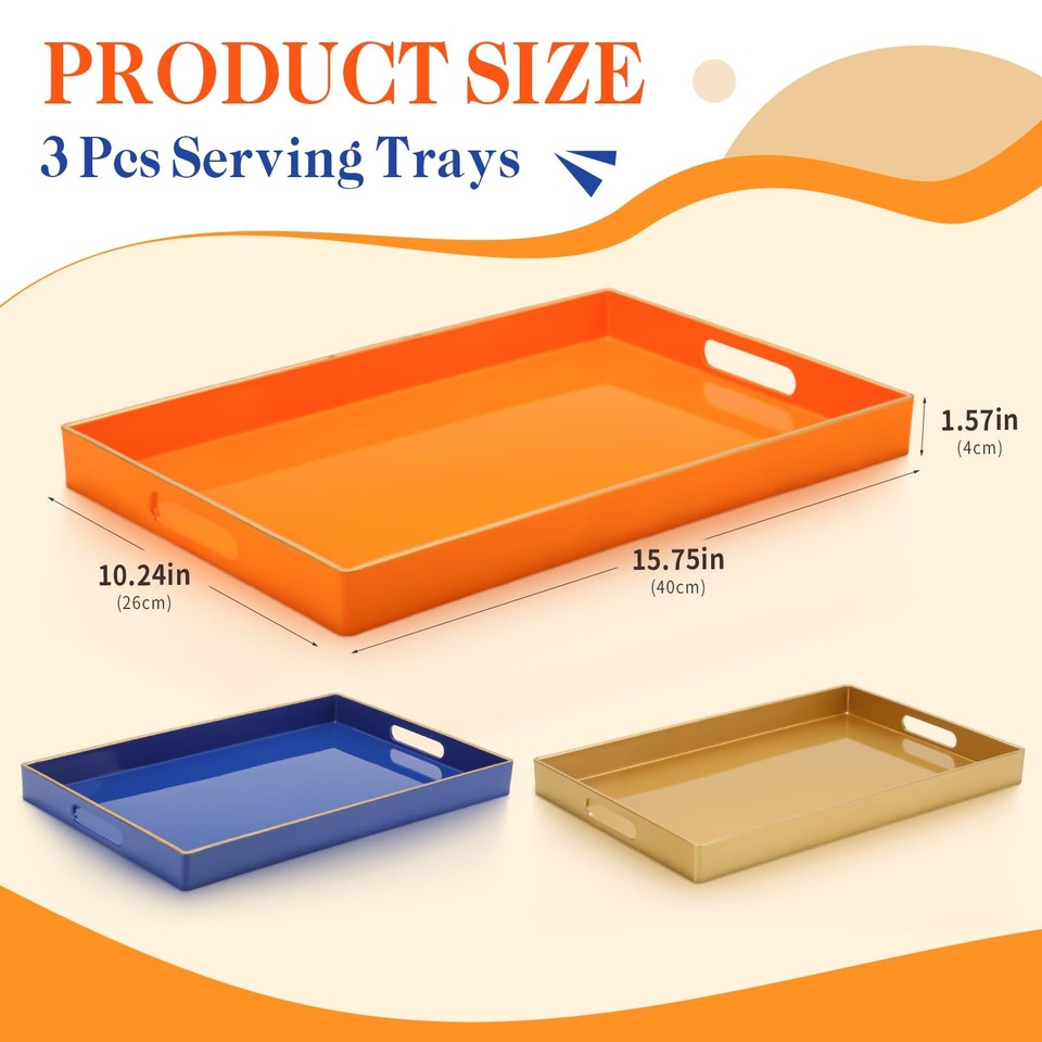 3 Pcs Decorative Serving Trays with Handles, 15.75" X10.24" Rectangular ...