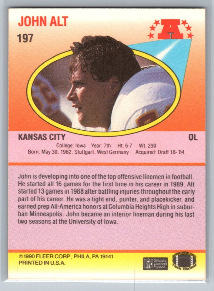 John Alt 1990 Fleer FOOTBALL #197 Kansas City Chiefs RC | eBay