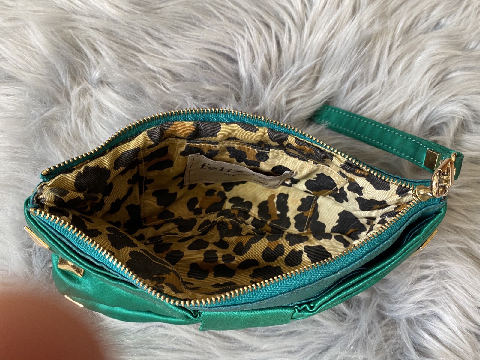 Vtg FELIX REY Kelly Green Satin Gold Studded Bow Clut… - Gem