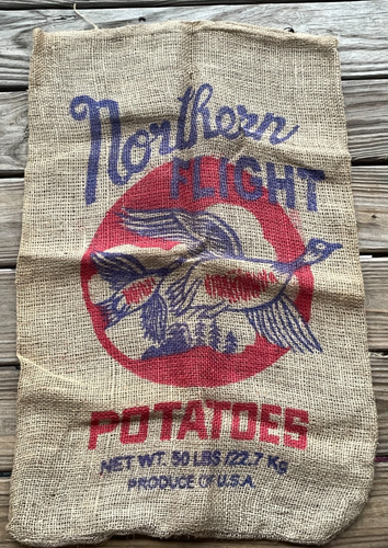 VINTAGE Northern Flight Potatoes burlap bag jute sack red flying goose ...