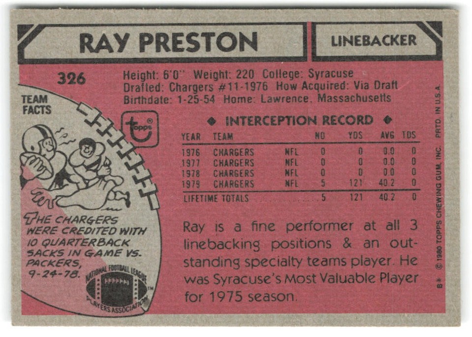 1980 Topps Ray Preston #326 Rookie San Diego Chargers | eBay