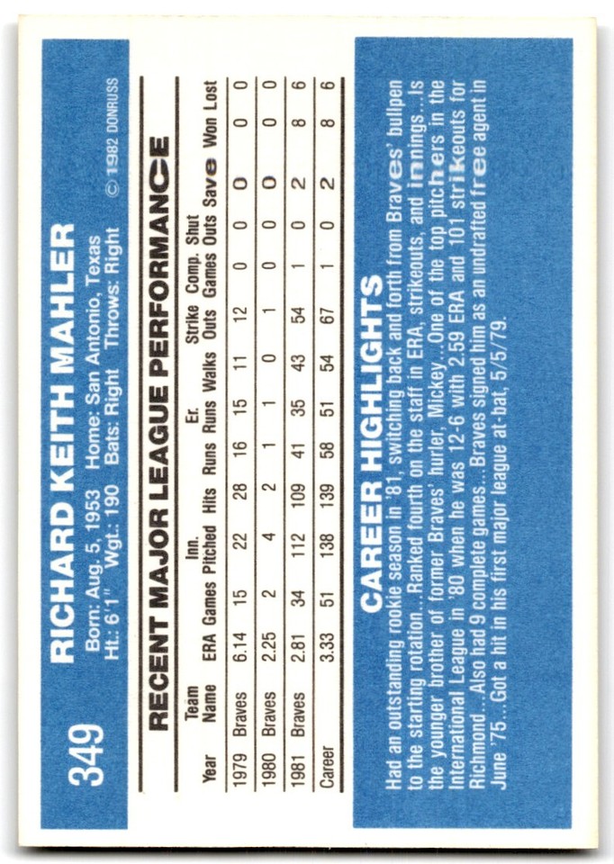 1982 Donruss Rick Mahler Rookie . Atlanta Braves #349 | eBay