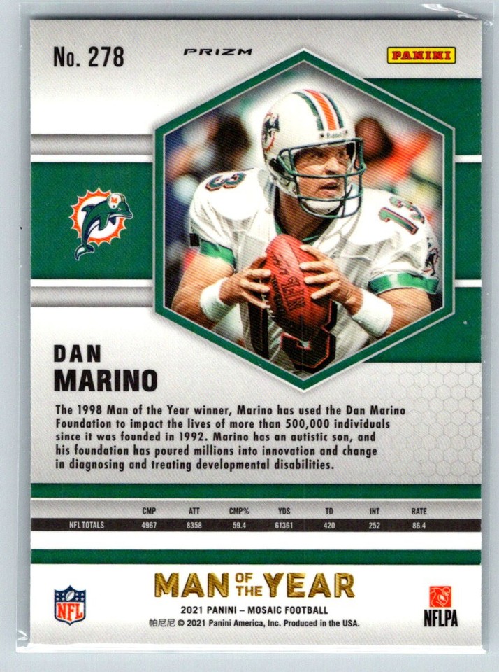 2021 Mosaic Dan Marino Silver Prizm Man Of The Year #278 Dolphins ...