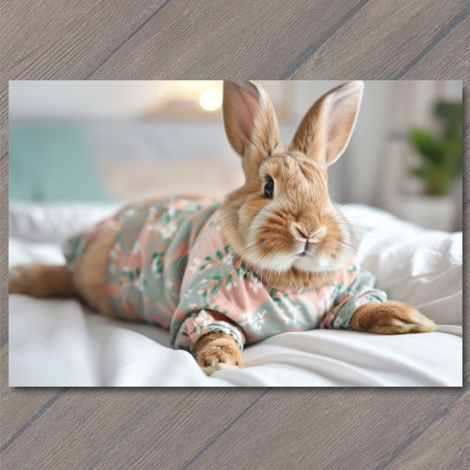 4x6" Bunny Rabbit Bed Pajamas Cute Beautiful Brown White Floppy Ears ...