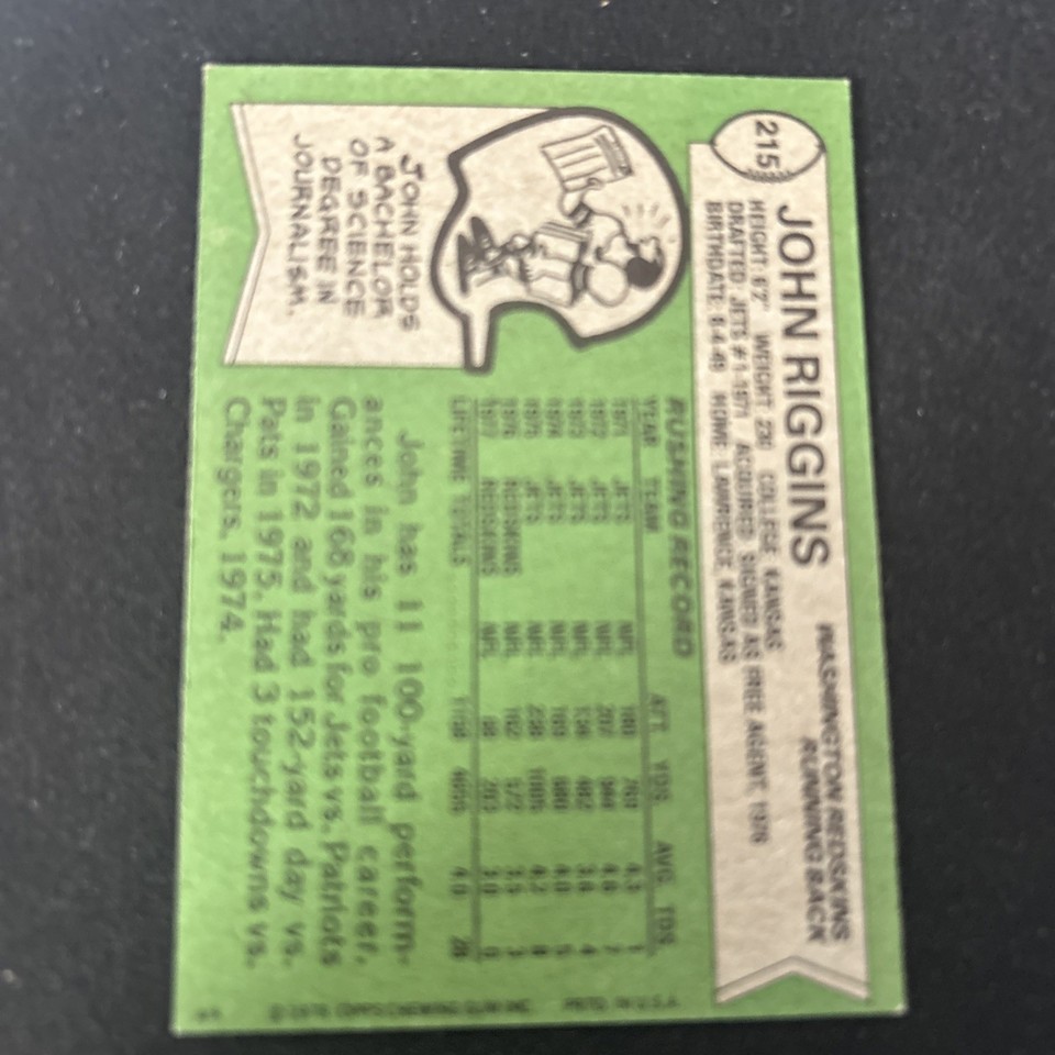 1978 Topps Football Card #215 John Riggins Washington Redskins Nm+ Free ...