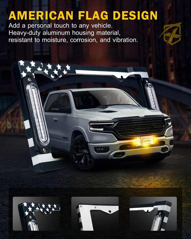 Xprite Aluminum 13.5" LED License Plate Strobe Lights Frame w/ USA Flag ...