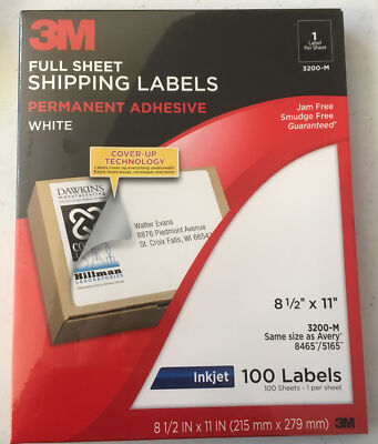 3M Full Sheet Shipping Labels 8-1/2" x 11" white 3200-M 100 Sheets ...