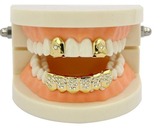 Custom Fit 14K Gold Plated CZ Iced Grillz Tooth Caps and Lower Teeth ...