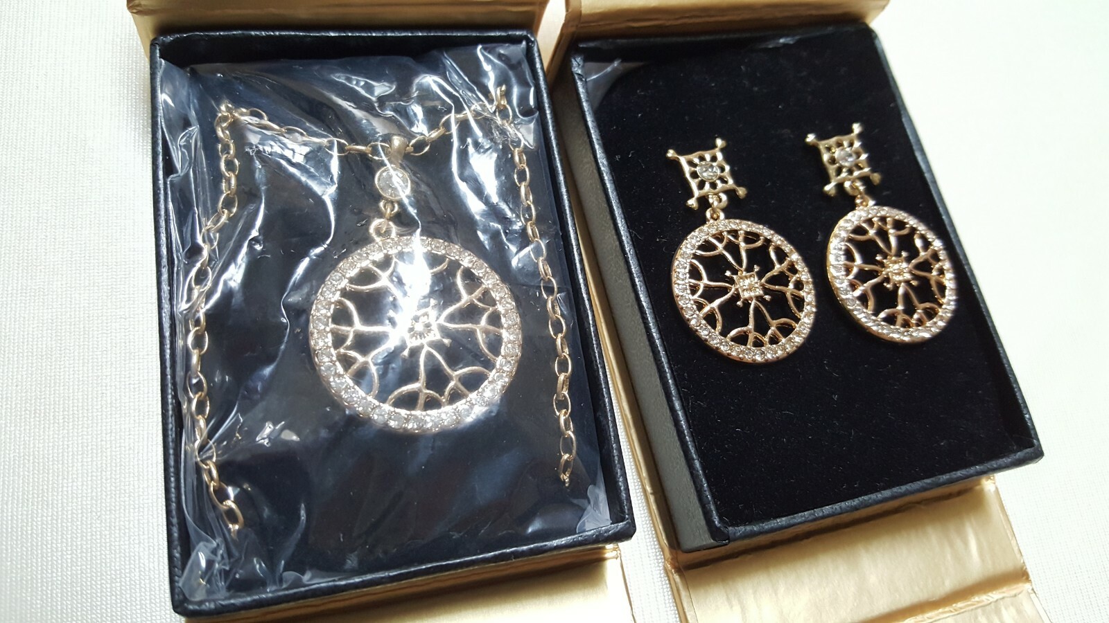 Avon Goldtone & Rhinestone Circle Dangle Pierced Earrings & Pendant ...