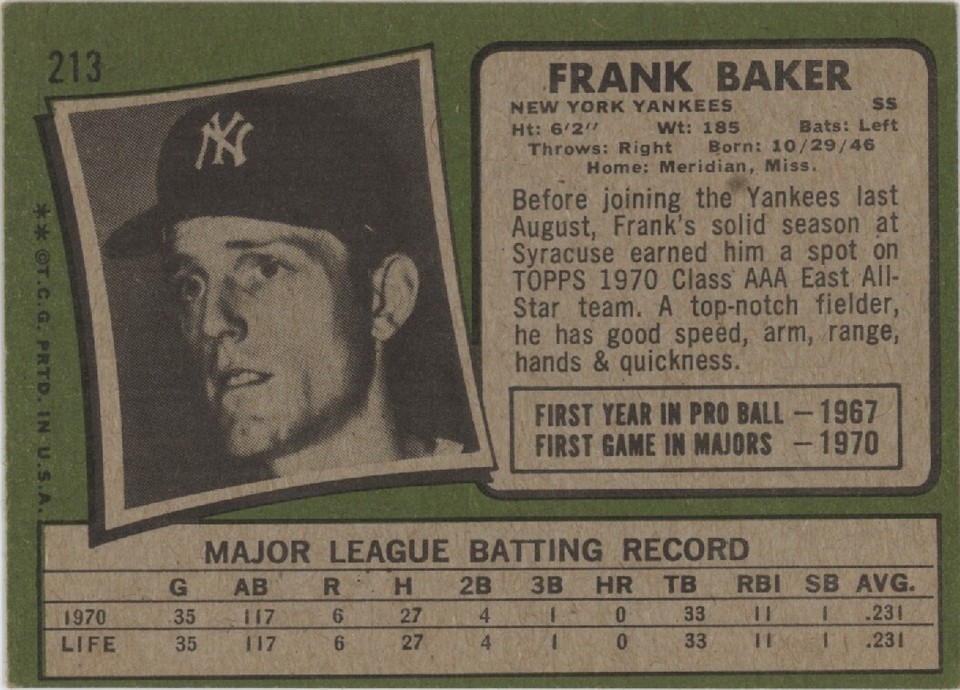 1971 Topps #213 Frank Baker Rookie RC - New York Yankees | eBay