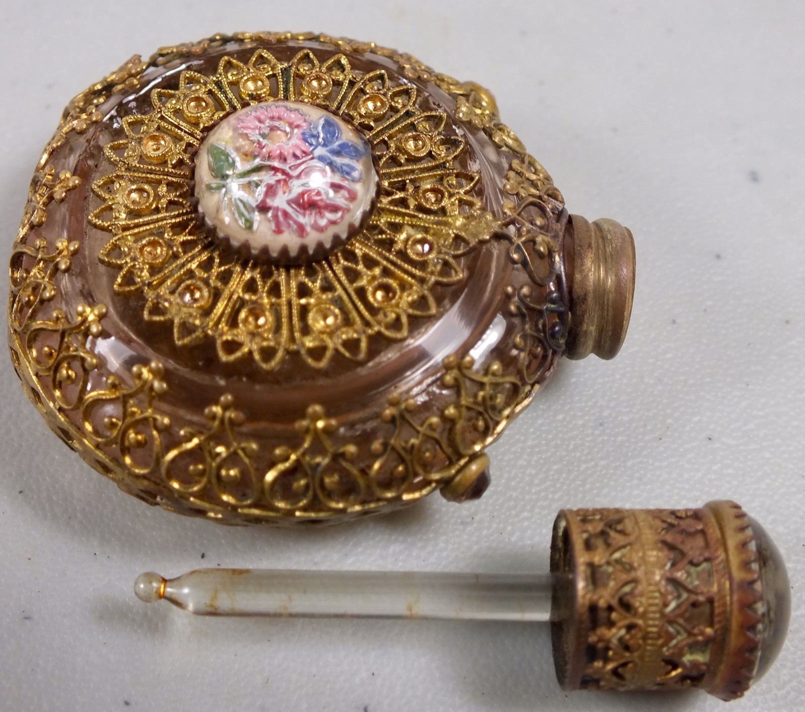 Antique Perfume Scent Bottle W/ Gold Filigree, Enamel Flowers, Glass ...