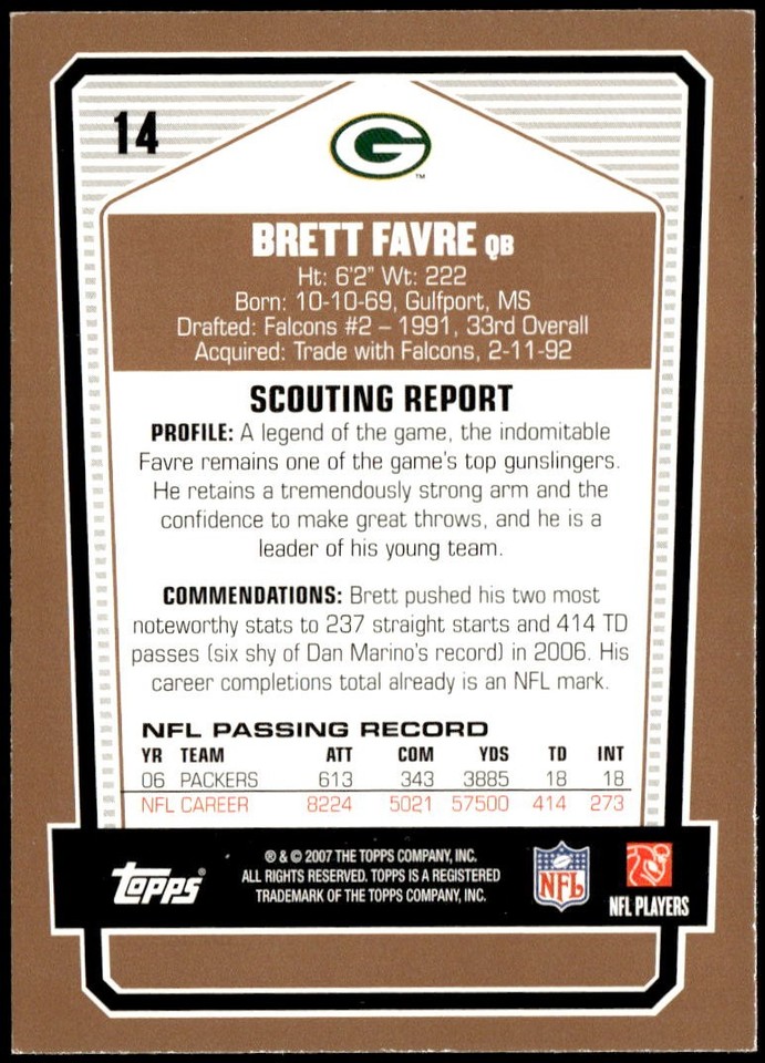 2007 Topps Draft Picks & Prospects #14 Brett Favre E1 | eBay