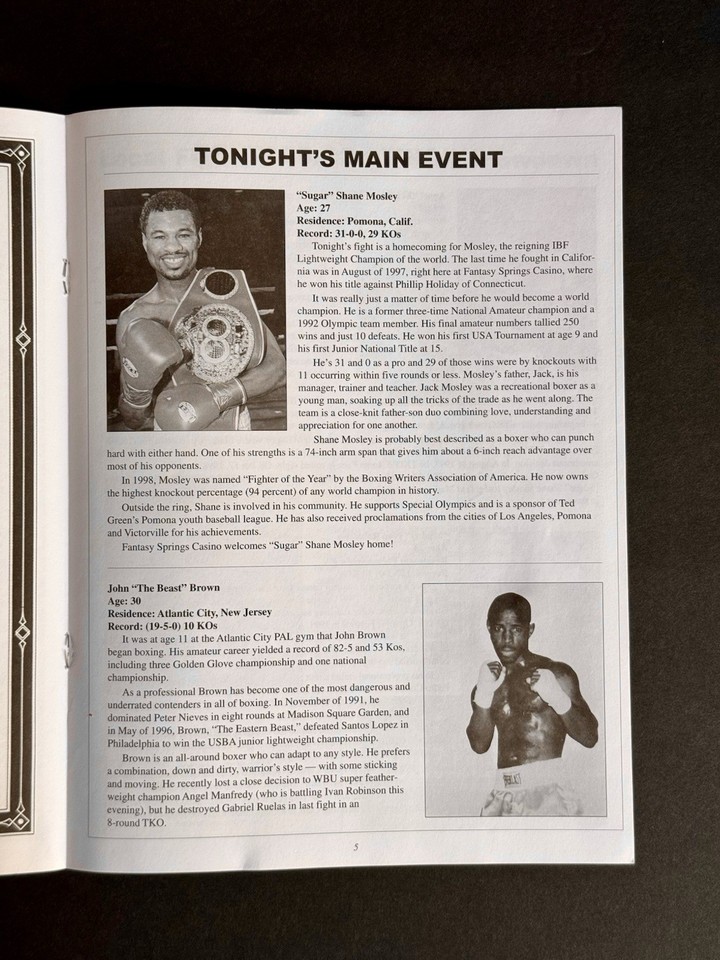 Shane "Sugar" Mosley vs John Brown Boxing Program • April 1999 | eBay