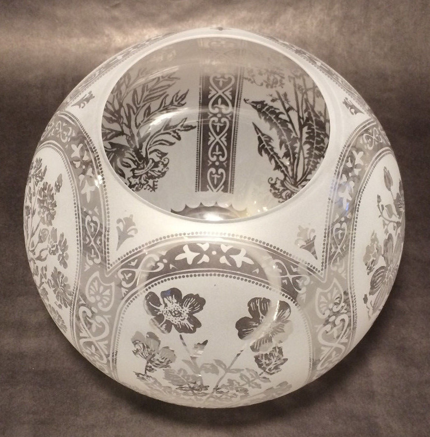 8" Five Scene Floral Etched Victorian Ball Gas Lamp Shade - 4" fitter # ...