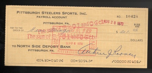 1970 GENE MINGO PITTSBURGH STEELERS PAYROLL CHECK ART ROONEY SIGNED JSA ...
