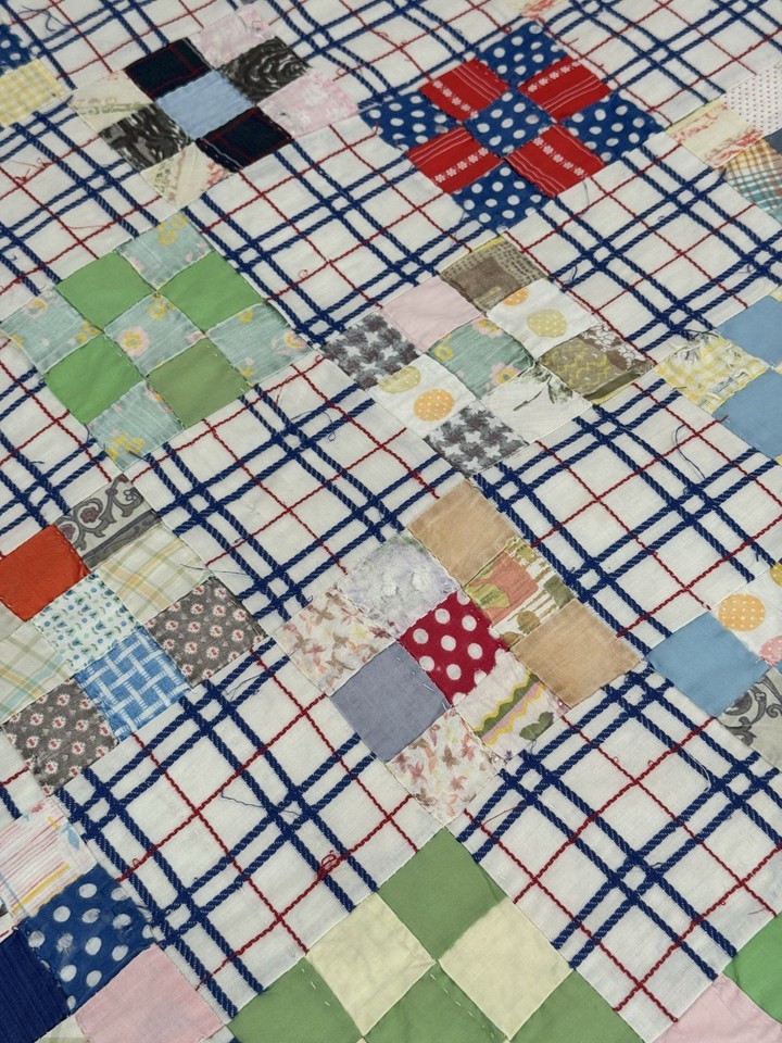 Vintage 9 Block Pattern Hand Made Quilt Red Blue | eBay