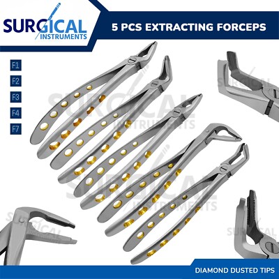 5 Pcs Dental Extracting Forceps F1, 2,3,4,7 Diamond Dusted Gold Handle ...