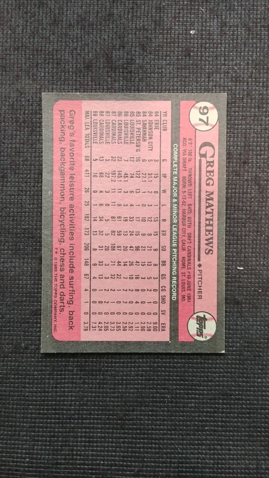 1989 Topps Baseball card # 97 Greg Mathews ( EXCELLENT CONDITION) | eBay