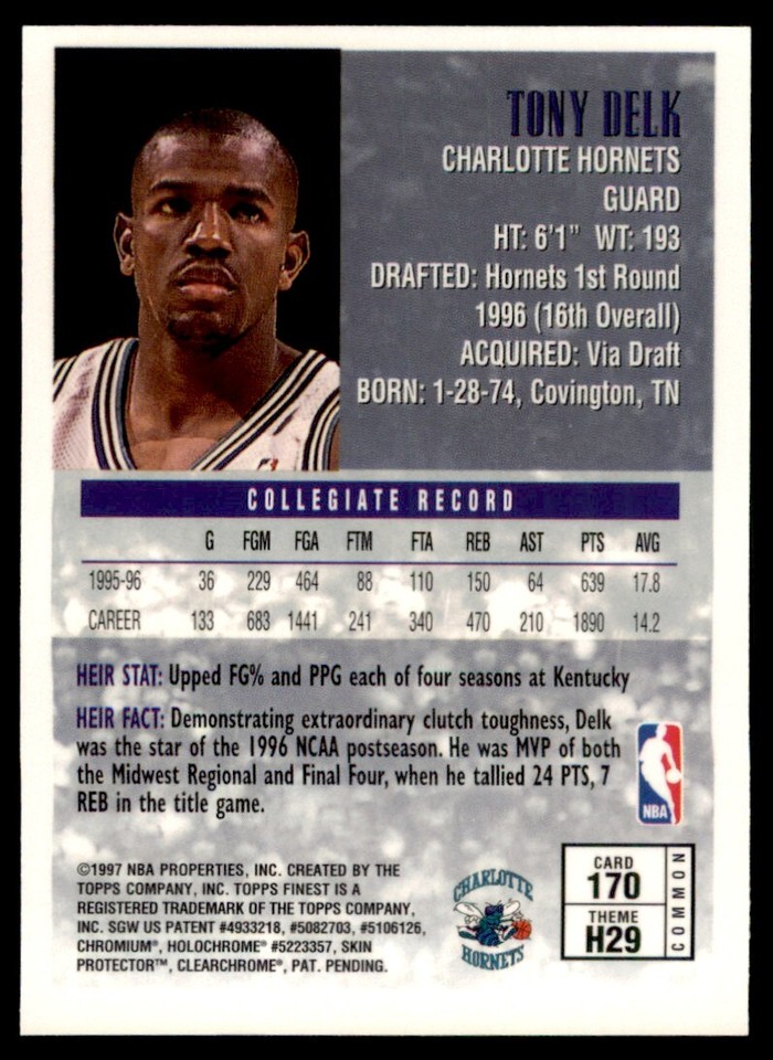 1997-98 Topps Finest Heirs #170 Tony Delk Charlotte Hornets | eBay
