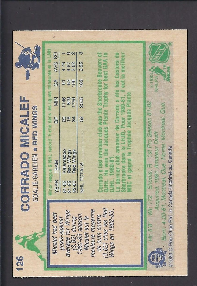 1983-84 OPC O Pee Chee #126 Corrado Micalef Rookie Card Red Wings Nice ...
