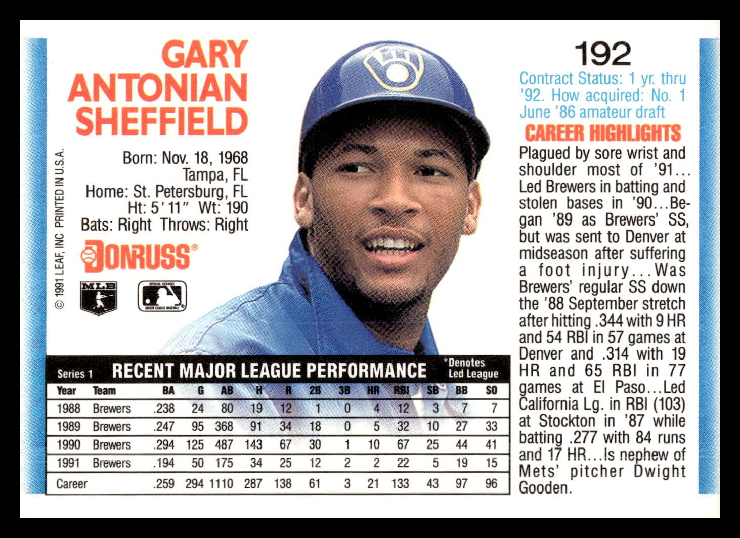 1992 Donruss #192 Gary Sheffield Milwaukee Brewers Baseball NM | eBay