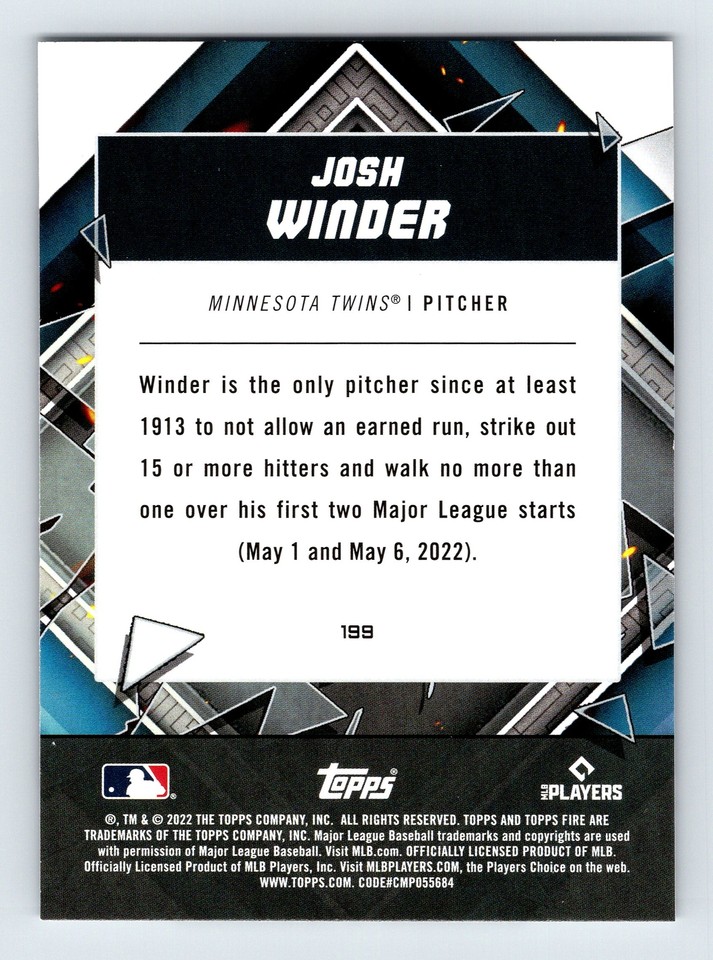 2022 TOPPS FIRE RC Josh Winder #199 Baseball Rookie Minnesota Twins RC ...