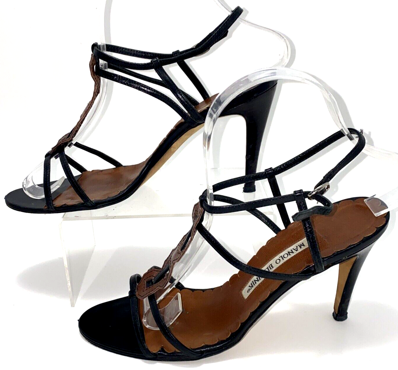 Monolo Blahnik Open Toe Strappy Heels Size 38 (US 8) Black Brown B*OS ...