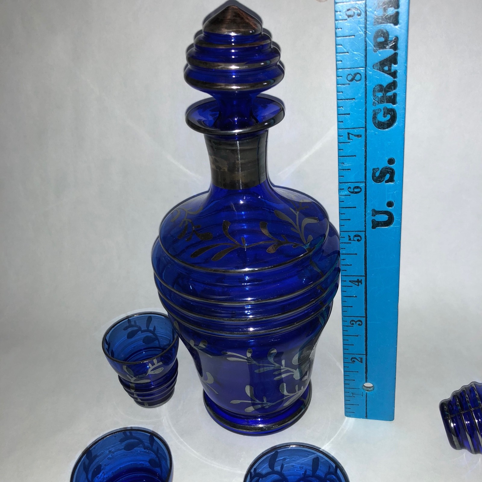 Venetian glass cobalt blue decanter & 4 shot glasses sterling silver ...