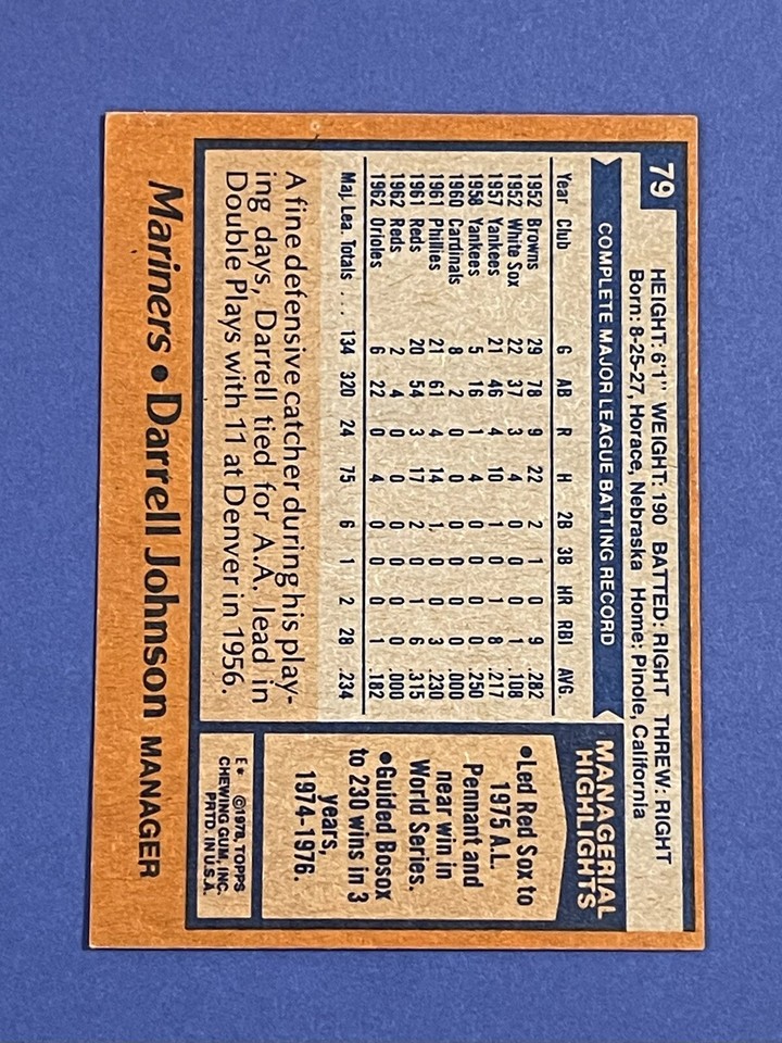 1978 Topps Baseball #79 Darrell Johnson Seattle Mariners Mgr | eBay