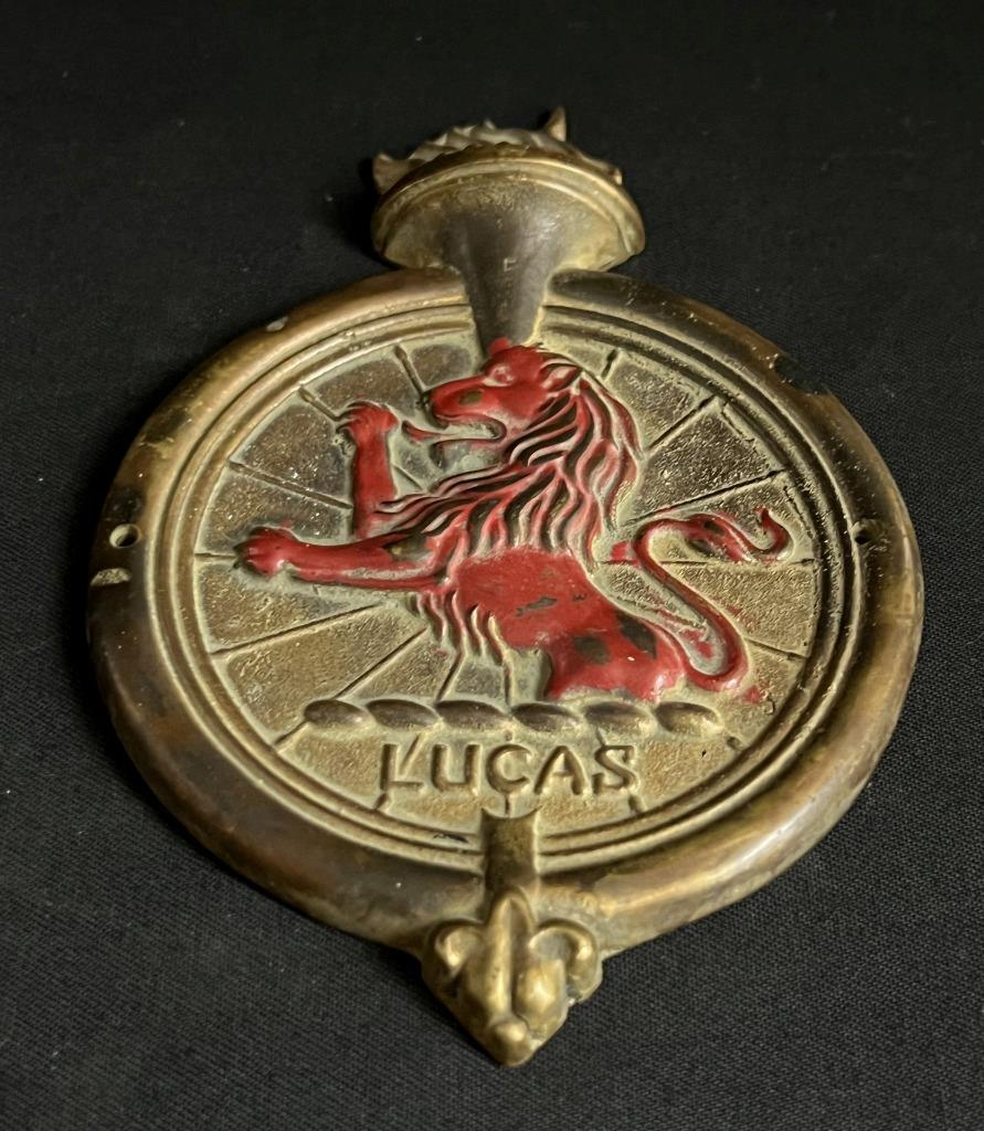 JOSEPH LUCAS LION & TORCH FLAMBEAR VINTAGE BRASS BADGE EMBLEM INSIGNIA ...