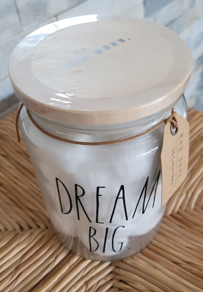 Rae Dunn Dream Big cotton ball glass jar container organizer wood lid ...