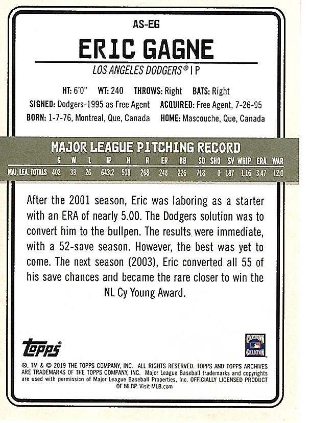ERIC GAGNE 2019 TOPPS ARCHIVES SNAPSHOTS CARD AS-EG LOS ANGELES DODGERS ...