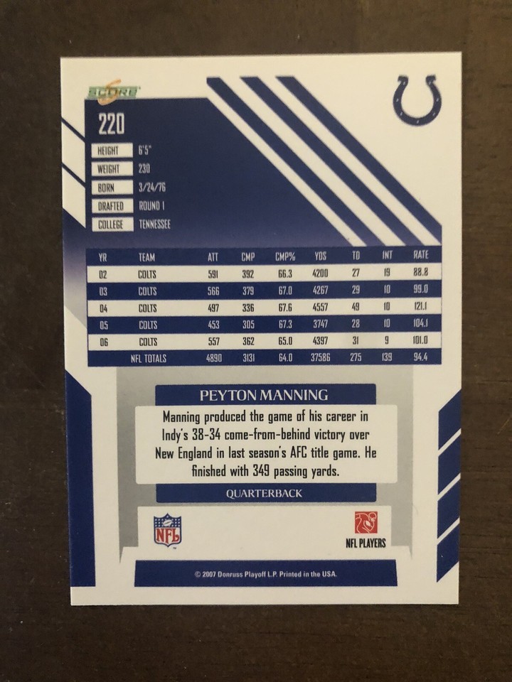 Peyton Manning 2007 Score #220 Indianapolis Colts | eBay