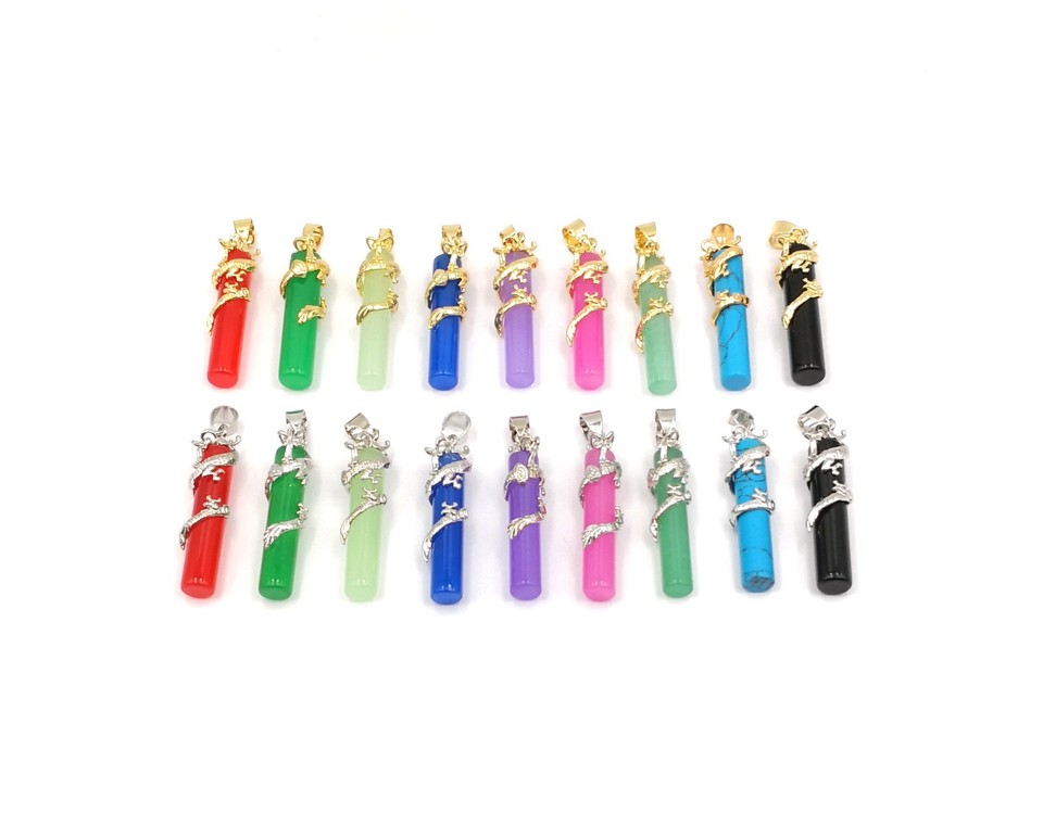 Multicolor Green Purple Jade Agate Dragon Pillar Column 18KGP Pendant ...