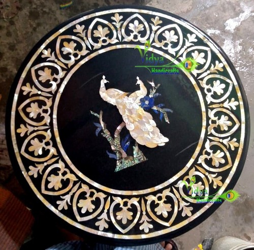 2' Black Marble Coffee Table Top Pietra Dura Handmade Sea Shell Inlay ...