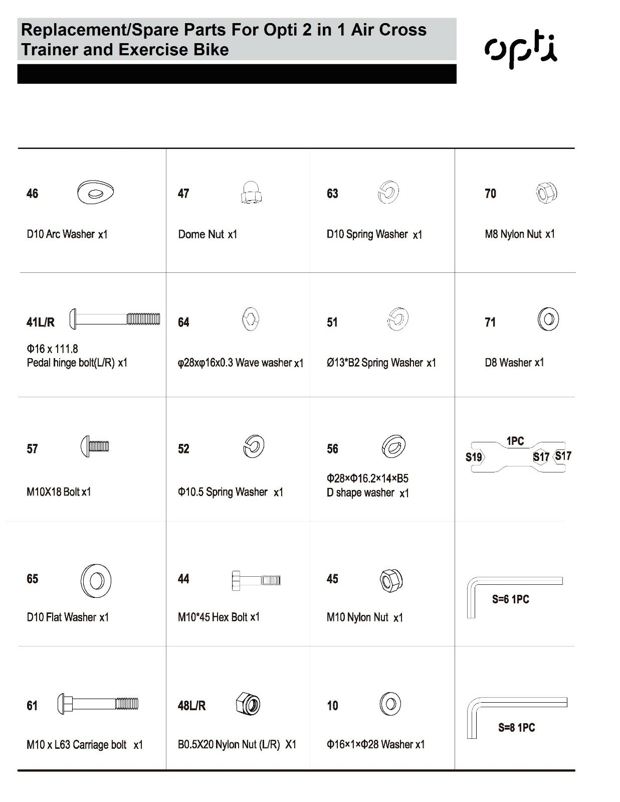 Replacement/Spare Parts For Opti 2 in 1 Air Cross Trainer & Exercise ...