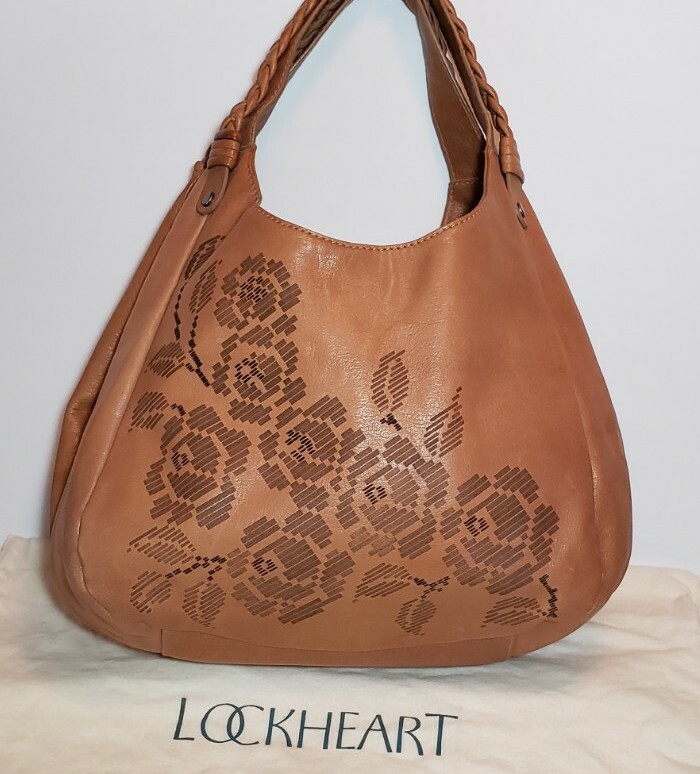 LOCKHEART ROSALEE XL LARGE BROWN GLOVE LEATHER FLORAL PRINT HANDBAG ...
