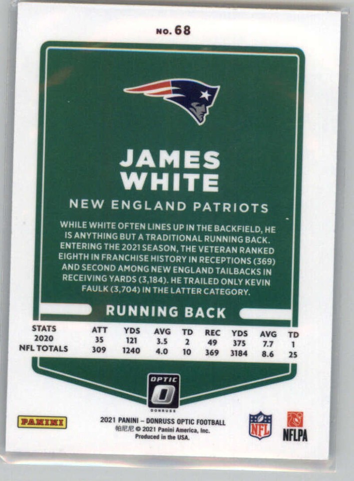 JAMES WHITE 2021 Donruss Optic #68 NFL Patriots ID:39768 | eBay